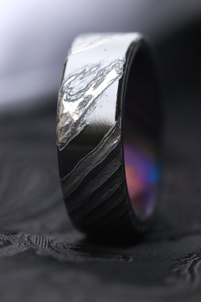 Stone weathered zrti 8mm wide timascus ring zirconium titanium damascu ...