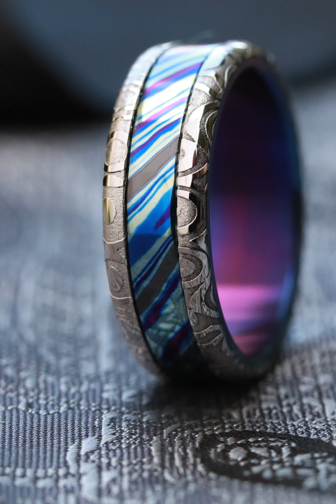 ZrTi ring set 5 alloy ZrTi 8mm Black Timascus / Mokuti & Stainless Dam ...