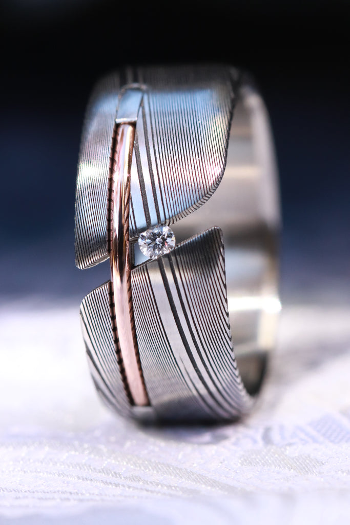 Diamond damascus gold Hybrid ring, diamond tension, 14k gold inlay, da ...
