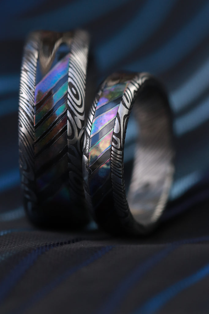 His and Her's set timascus titanium zirconium and damasteel band drago ...