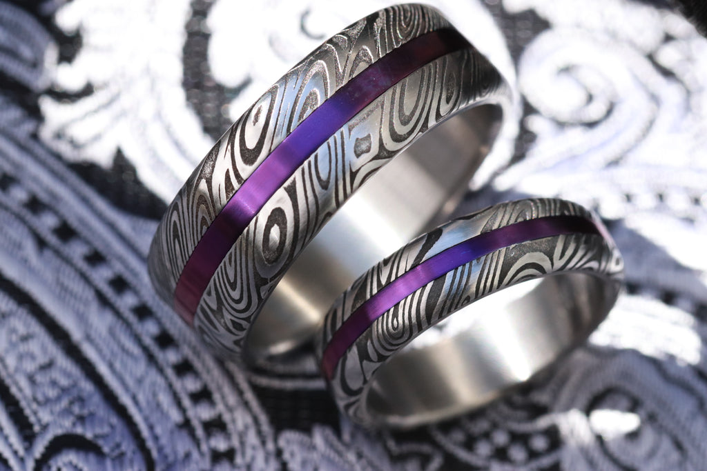 Purple titanium and damasteel damascus rings his and her ring set 2 ri ...