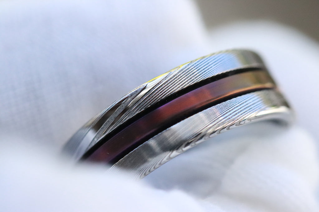 New*8mm Center Titanium & titanium lined, Stainless Damascus (damastee ...