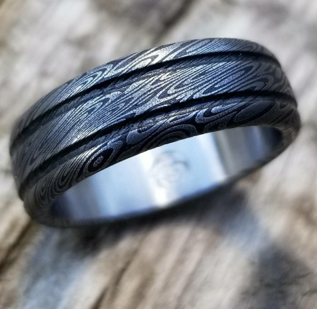 Stainless Damascus "coral" Customizable ring! Dark/ color etch / doubl ...