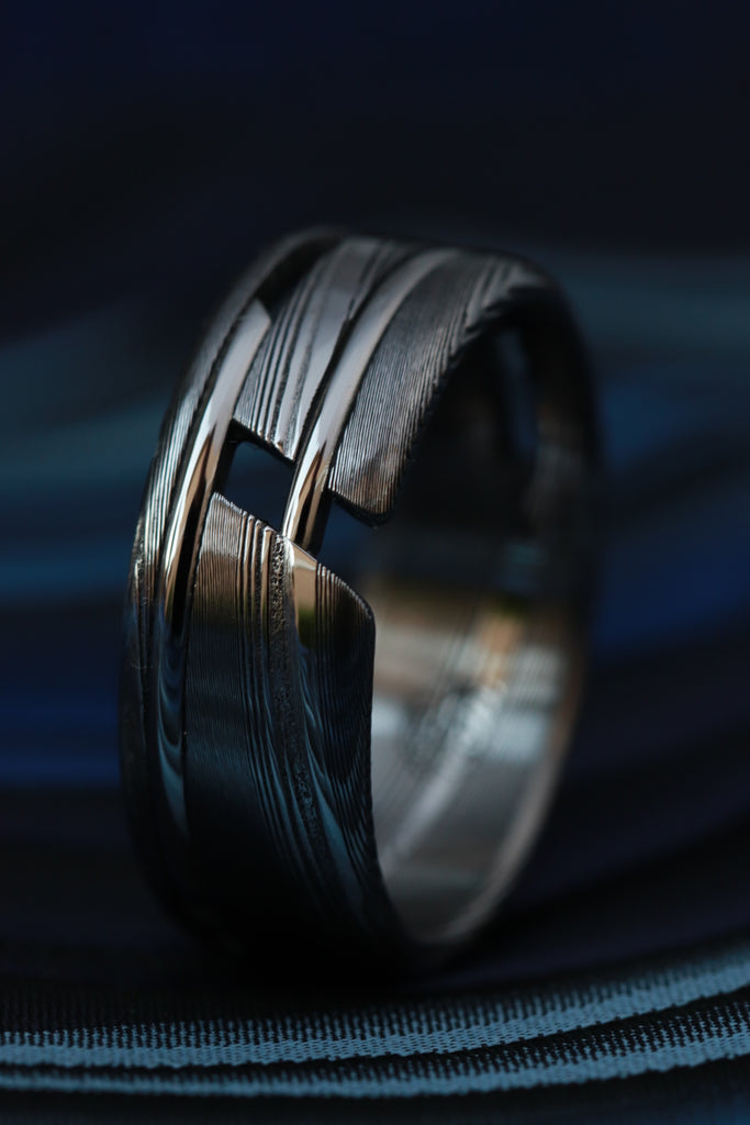 "One" hybrid Damascus steel ring "WOODGRAIN" ring! Stainless Damasteel ...