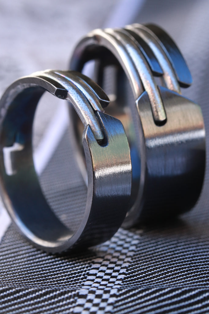 Ring set - QUILL handmade two black titanium rings with titanium inlay ...
