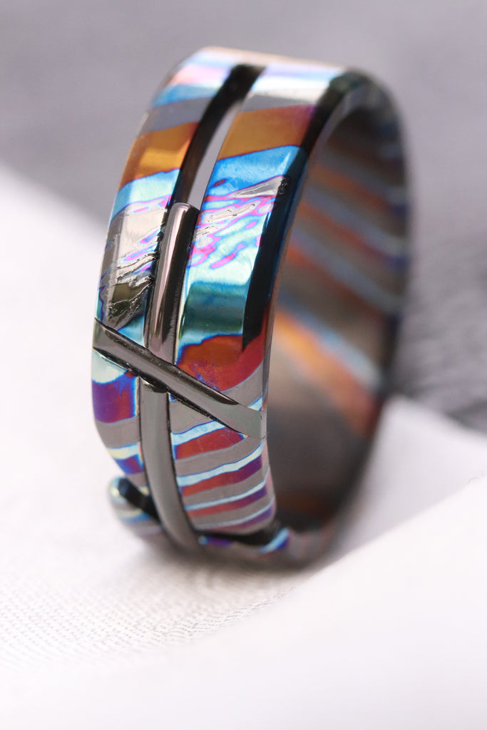 ZrTi-LOAM" hybrid handmade titanium zirconium damascus cross ring tima ...