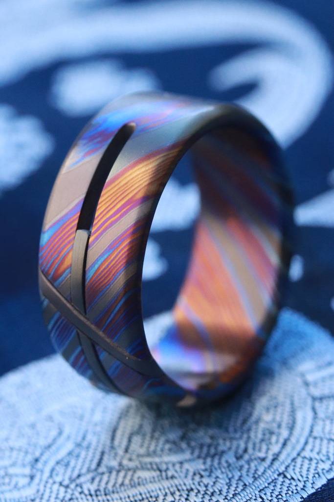 ZrTi timascus hybrid handmade titanium zirconium damascus ring, cross ...