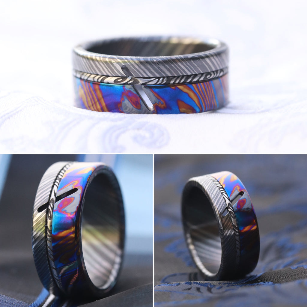 Timascus and Niobium Zirconium damasteel damascus ring, wedding band ...