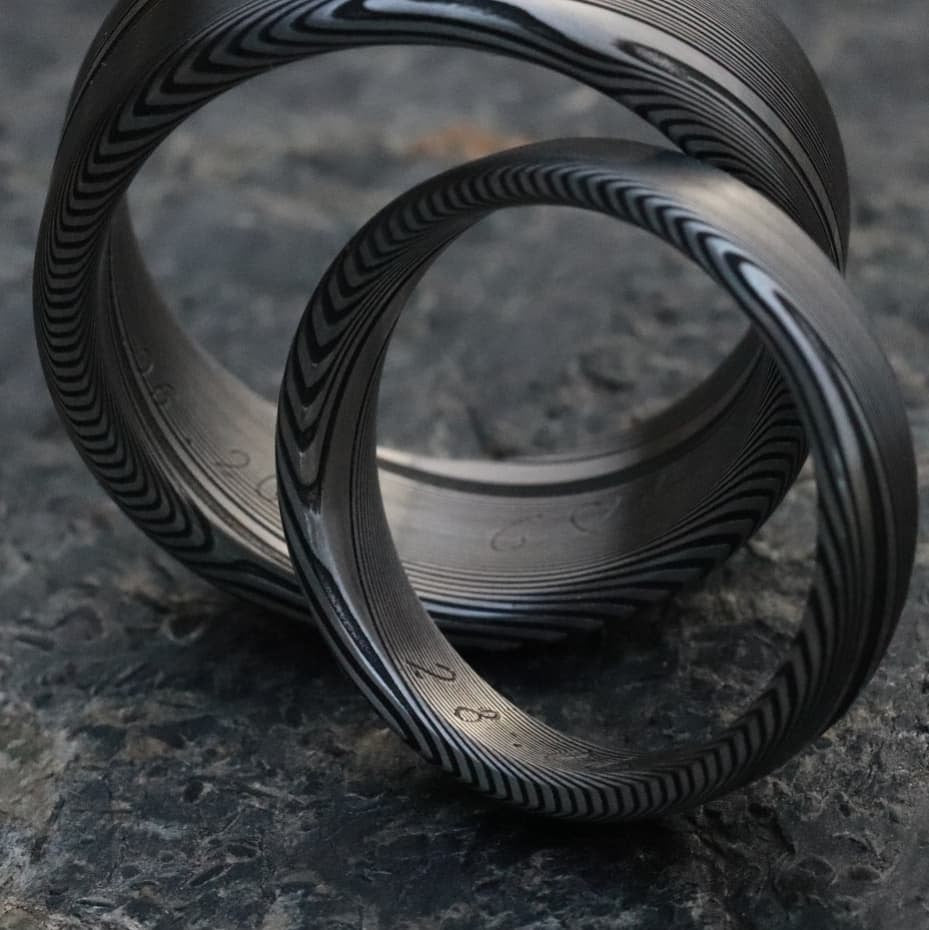 Two Genuine Damascus ring set Stainless steel Damascus "TRADITIONAL" w ...