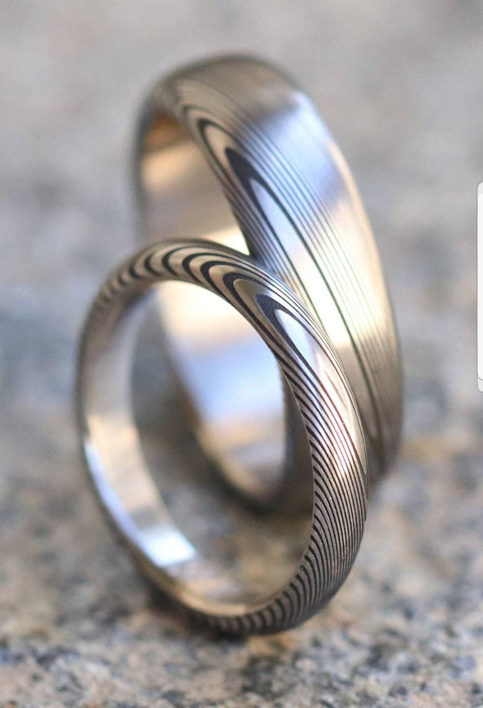 Two Genuine Damascus ring set Stainless steel Damascus "TRADITIONAL" w ...
