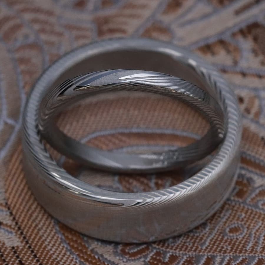 Two Genuine Damascus ring set Stainless steel Damascus "traditional" w ...